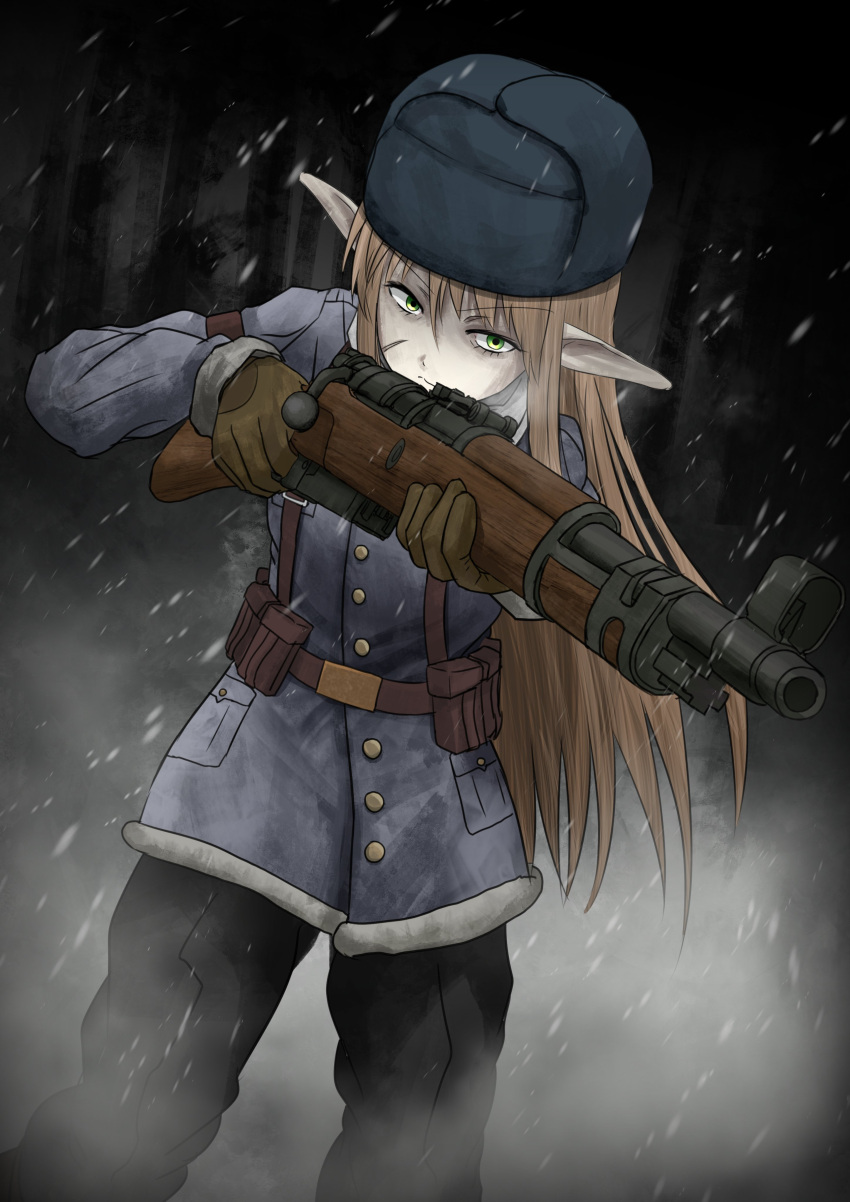 Safebooru - 1girl absurdres elf forest fur hat green eyes gun hat ...