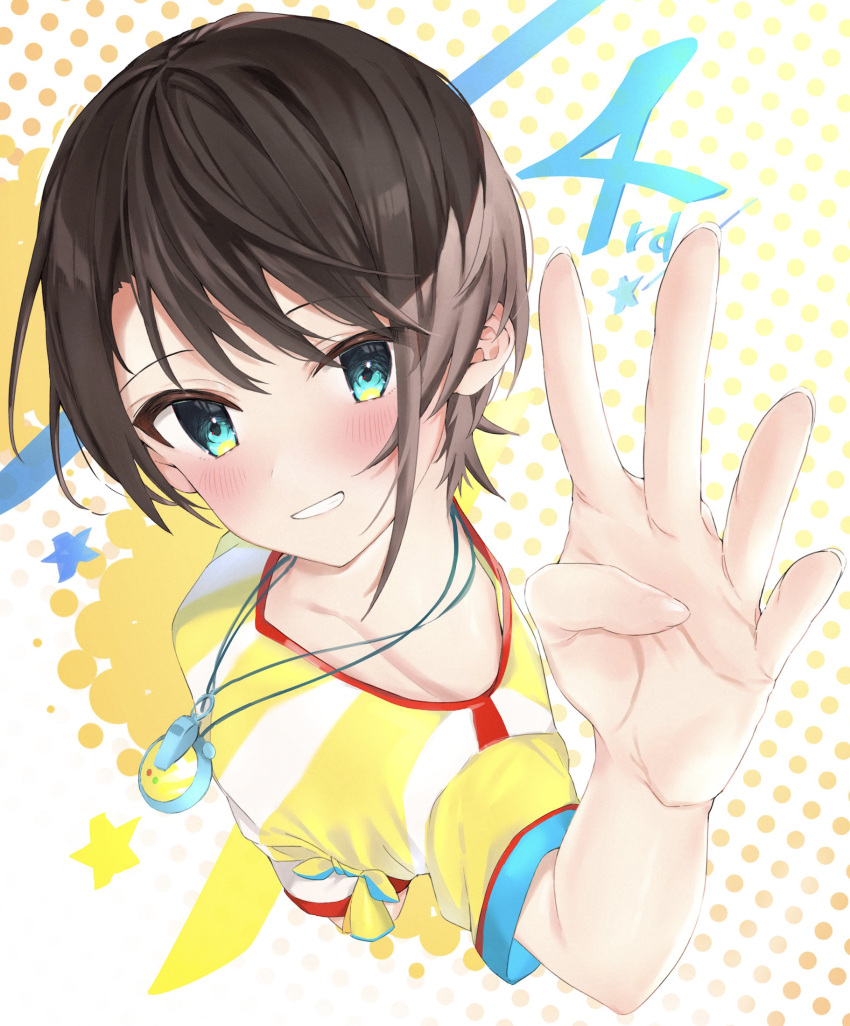 Safebooru - 1girl aqua eyes arm up blush breasts brown hair collarbone dithered background ...