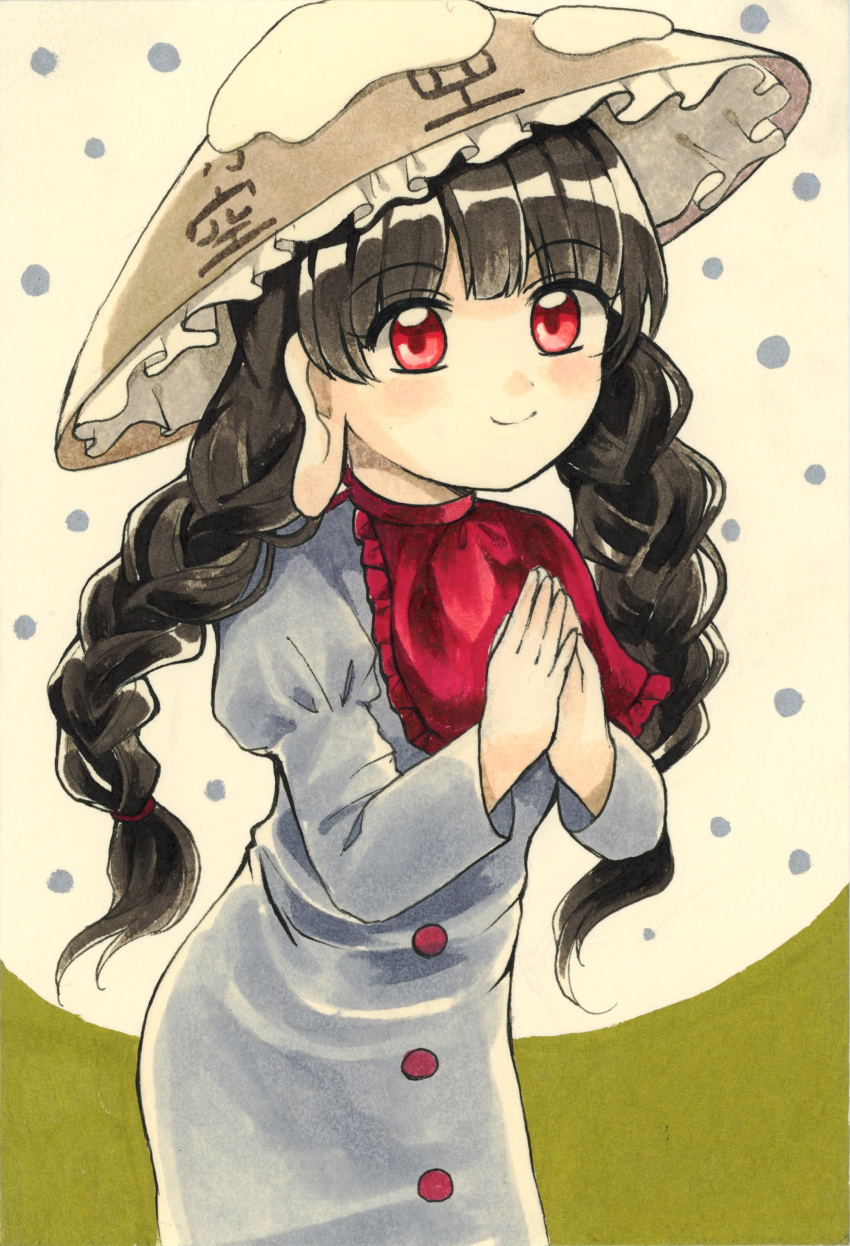 Safebooru - 1girl absurdres ajirogasa bangs black hair blush braid brown headwear buttons ...