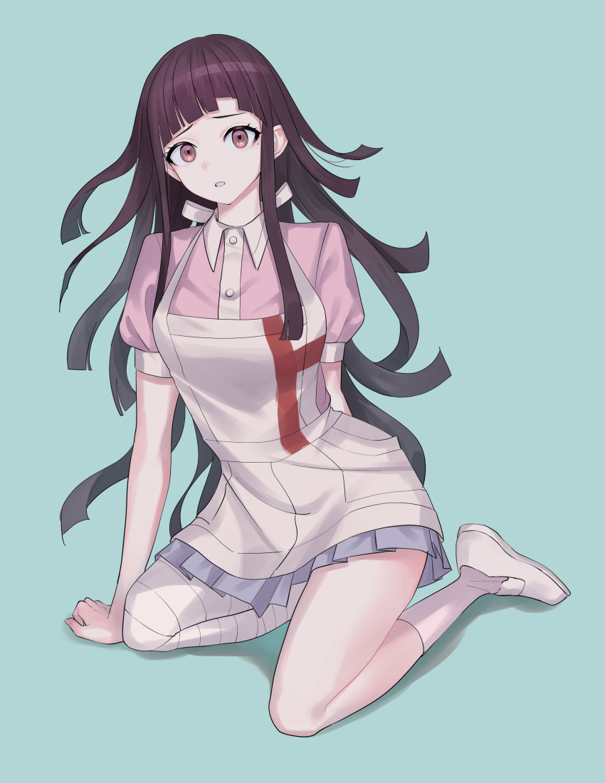 Safebooru - 1girl absurdres apron arm behind back arm support bandaged leg bandages bangs blue ...