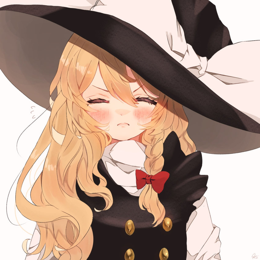 Safebooru - 1girl black headwear black vest blonde hair blush bow braid closed eyes closed mouth ...