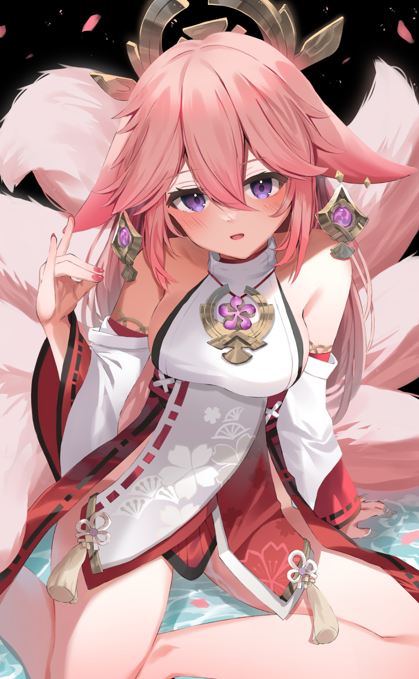 Safebooru - 1girl :d absurdres animal ears arm support bangs bare shoulders blush breasts ...