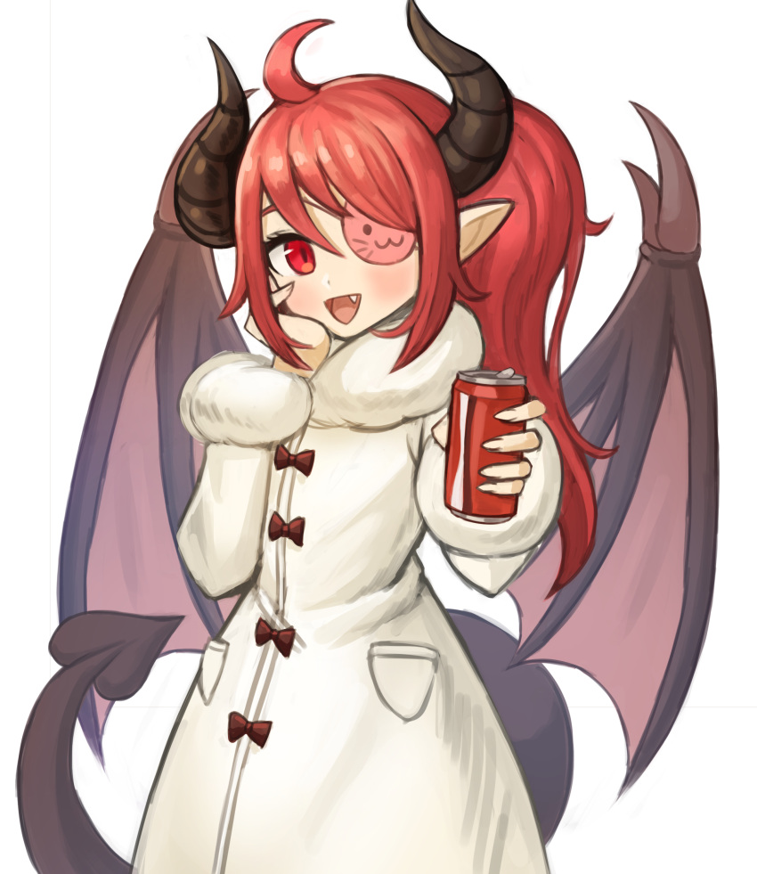 Safebooru - 1girl :d absurdres ahoge bangs can coat commentary demon girl demon tail demon wings ...