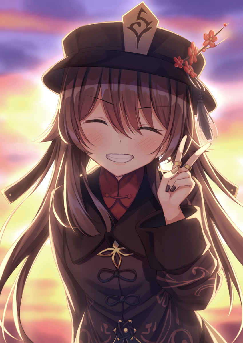 Safebooru - 1girl ^ ^ ^o^ black headwear black nails blush brown hair chinese clothes closed ...