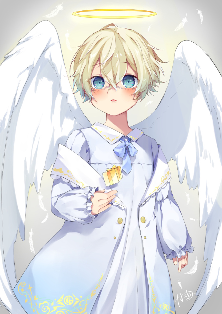 Safebooru - 1boy androgynous angel angel wings blonde hair blue eyes blue hair bow christmas ...