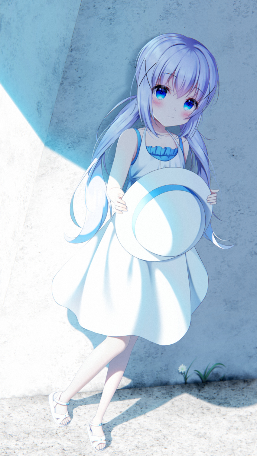 Safebooru - 1girl against wall bag blue eyes blush closed mouth collarbone dress eyebrows ...