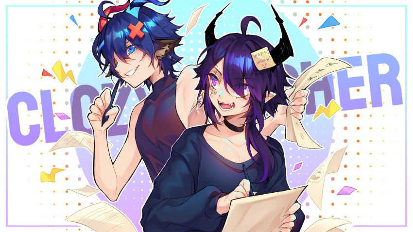 Safebooru - 2others androgynous animal ears blue eyes blue hair choker ...