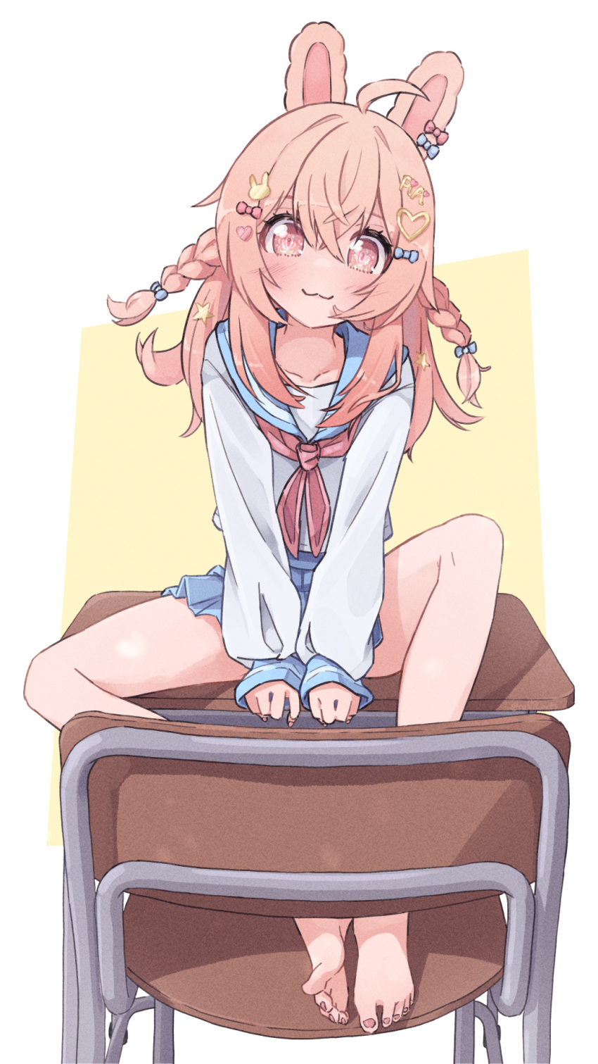 Safebooru - 1girl :3 ahoge animal ears bangs bare legs barefoot braid bunny hair ornament ...
