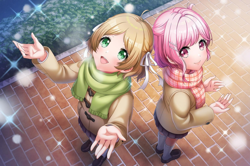 Safebooru - 2girls blonde hair blush d4dj dress green eyes official art pink eyes pink hair ...