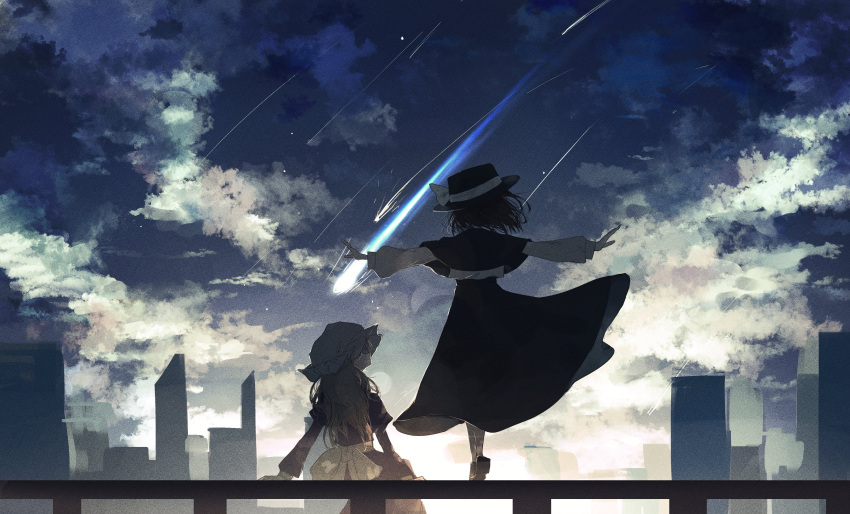 Safebooru - 2girls absurdres agasa (akasa anodan) clouds comet falling star fedora from behind ...