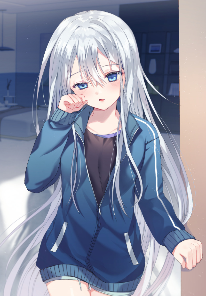 Safebooru - 1girl absurdres bangs black shirt blue eyes blue jacket ...