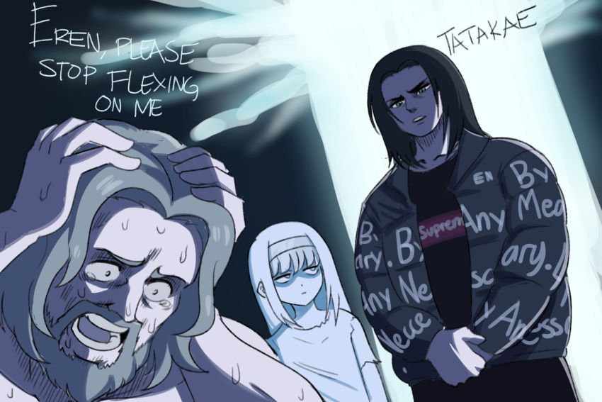 Safebooru - 1girl 2boys bangs beard black shirt brothers drip (meme ...