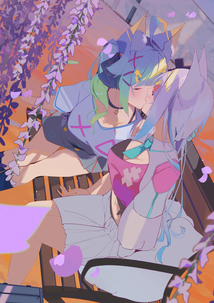 Safebooru - 2girls absurdres ahoge animal ear fluff animal ears arm support bangs bench black ...