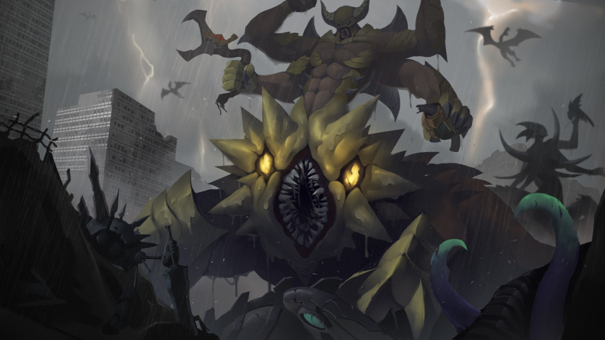 Safebooru - building duel monster extra arms horns lightning monster ...