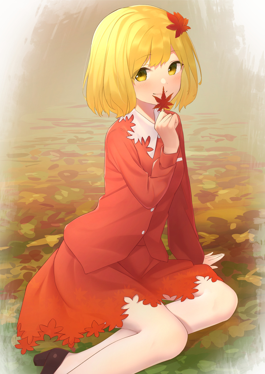 Safebooru - 1girl aki shizuha bangs bare legs black footwear blonde hair blush breasts buttons ...