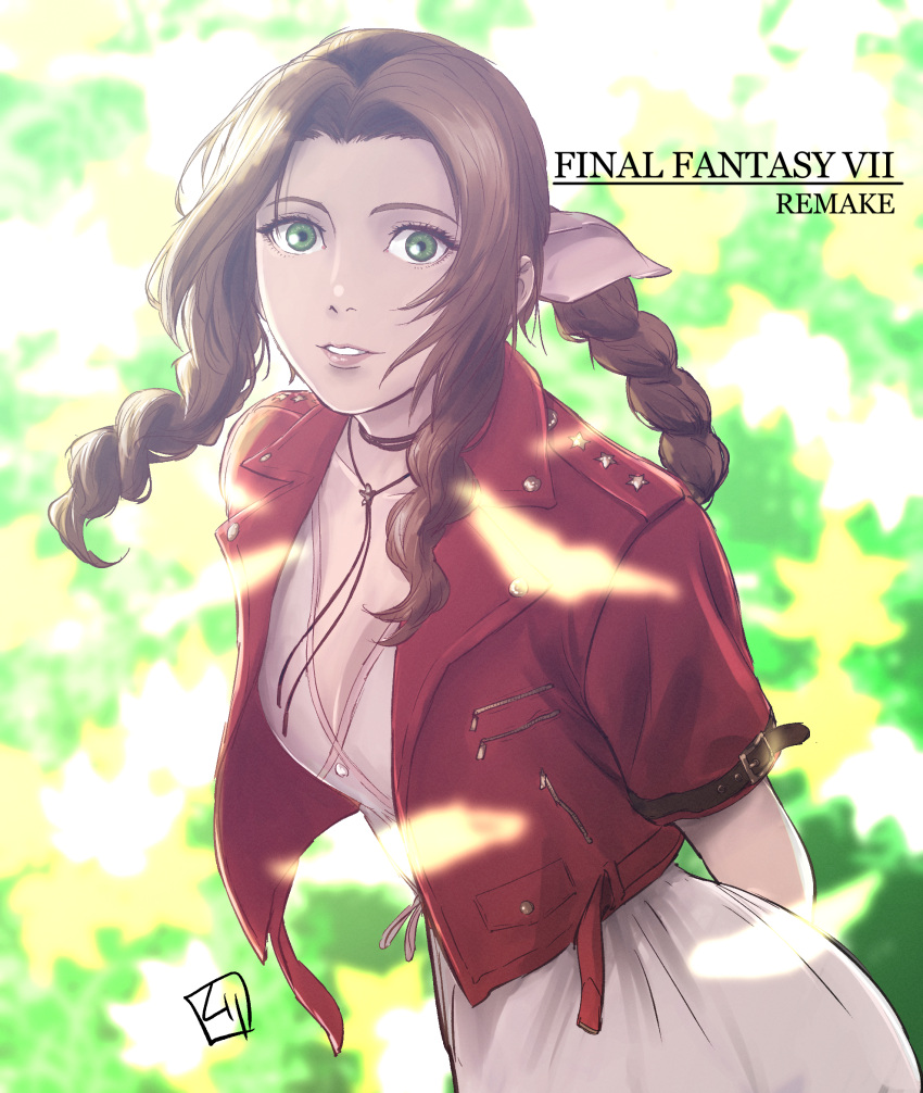 Safebooru - 1girl aerith gainsborough bow braid brown hair cropped jacket dress final fantasy ...