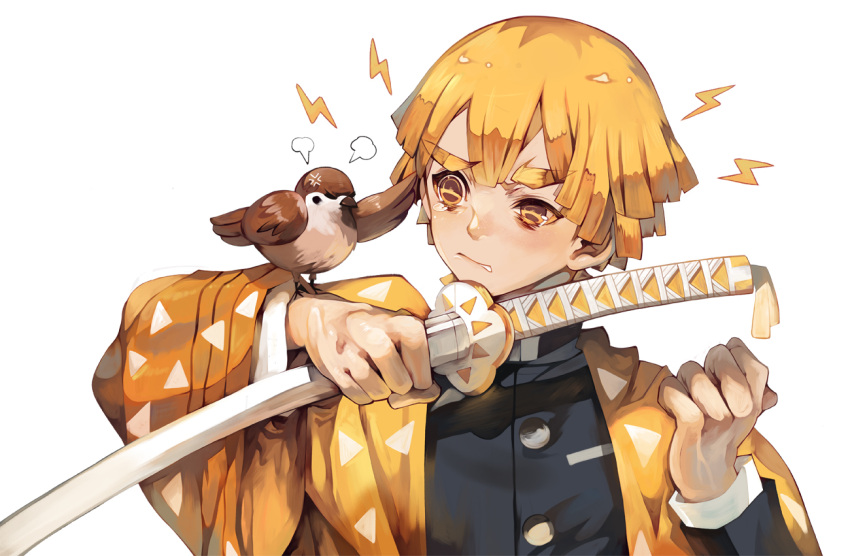 Safebooru - 1boy agatsuma zenitsu angry bird blonde hair holding ...
