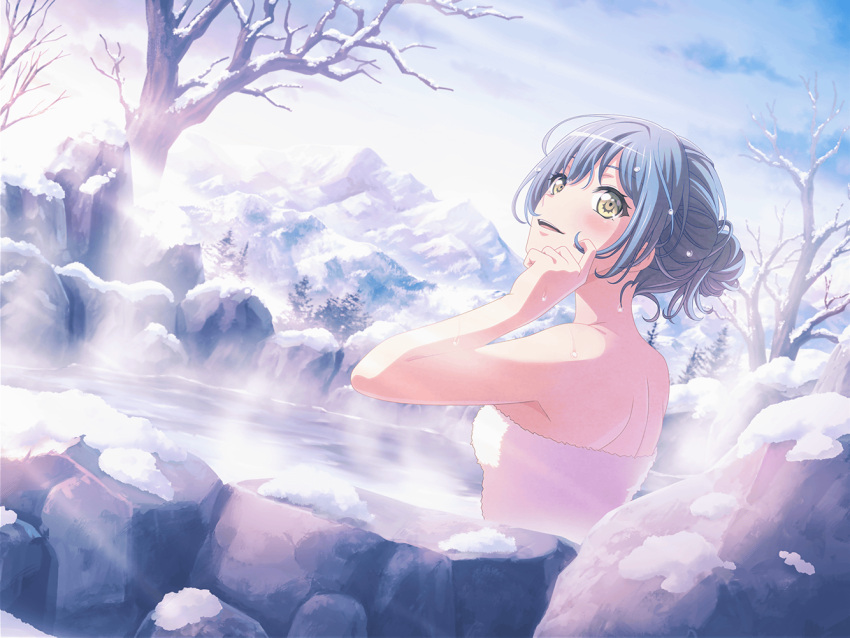Safebooru - 1girl asahi rokka bang dream! blue hair green eyes long hair mountain official art ...