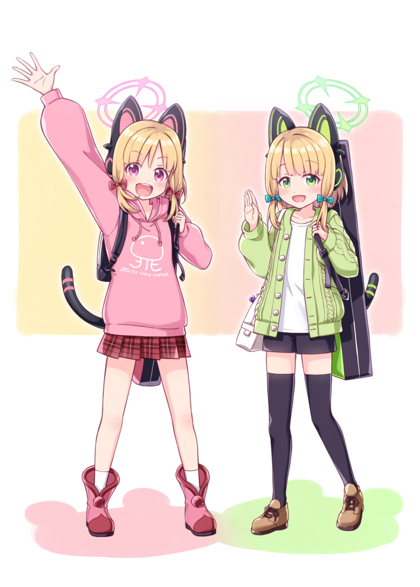 Safebooru - 2girls :d animal ear headphones animal ears arm up back bag bangs black legwear ...