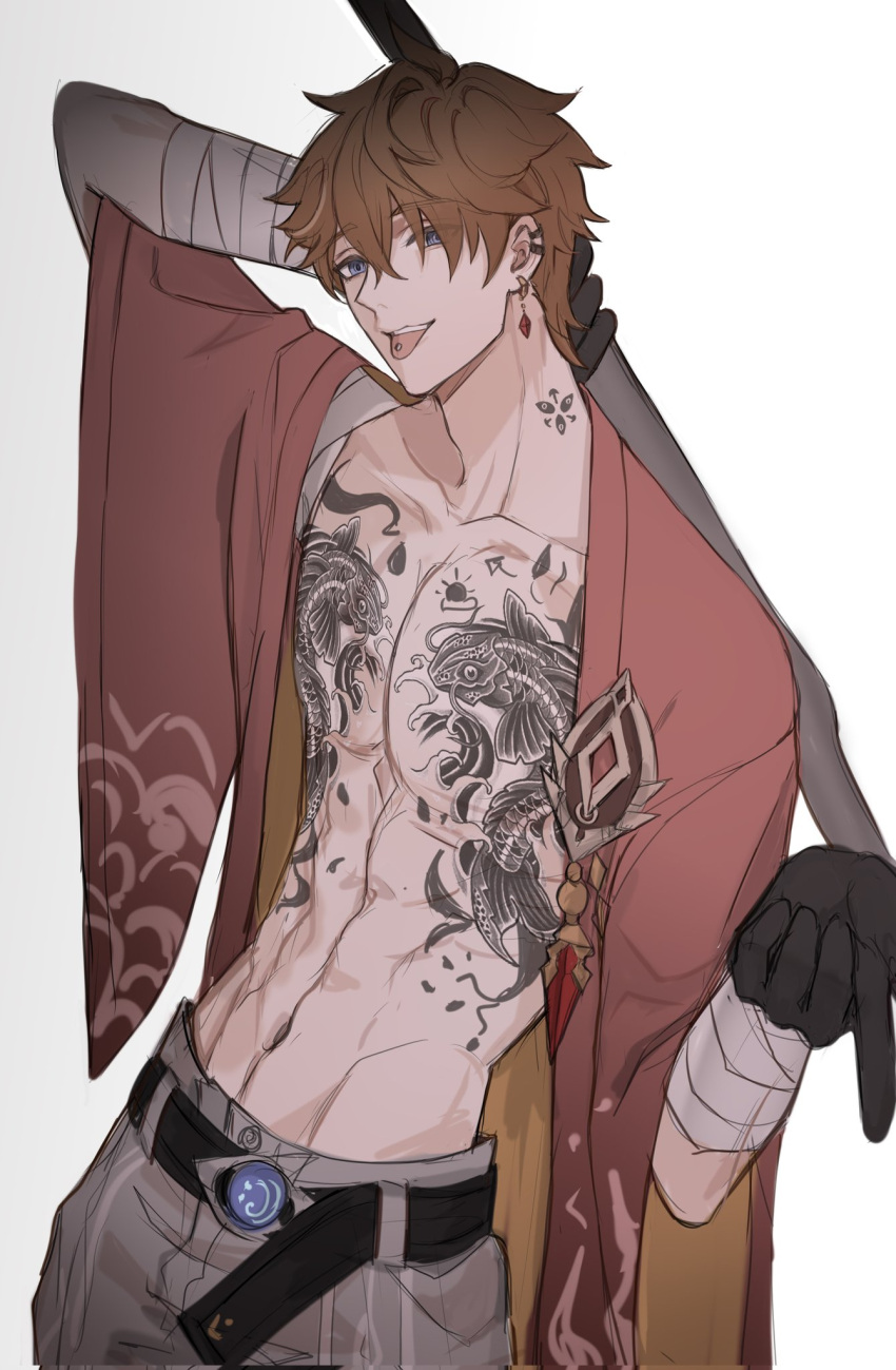 Safebooru - 1boy abs bandaged arm bandages bangs black gloves blue eyes brown hair chest tattoo ...