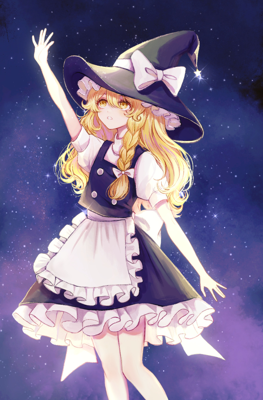 Safebooru - 1girl apron arm up back bow bangs black headwear black skirt black vest blonde hair ...