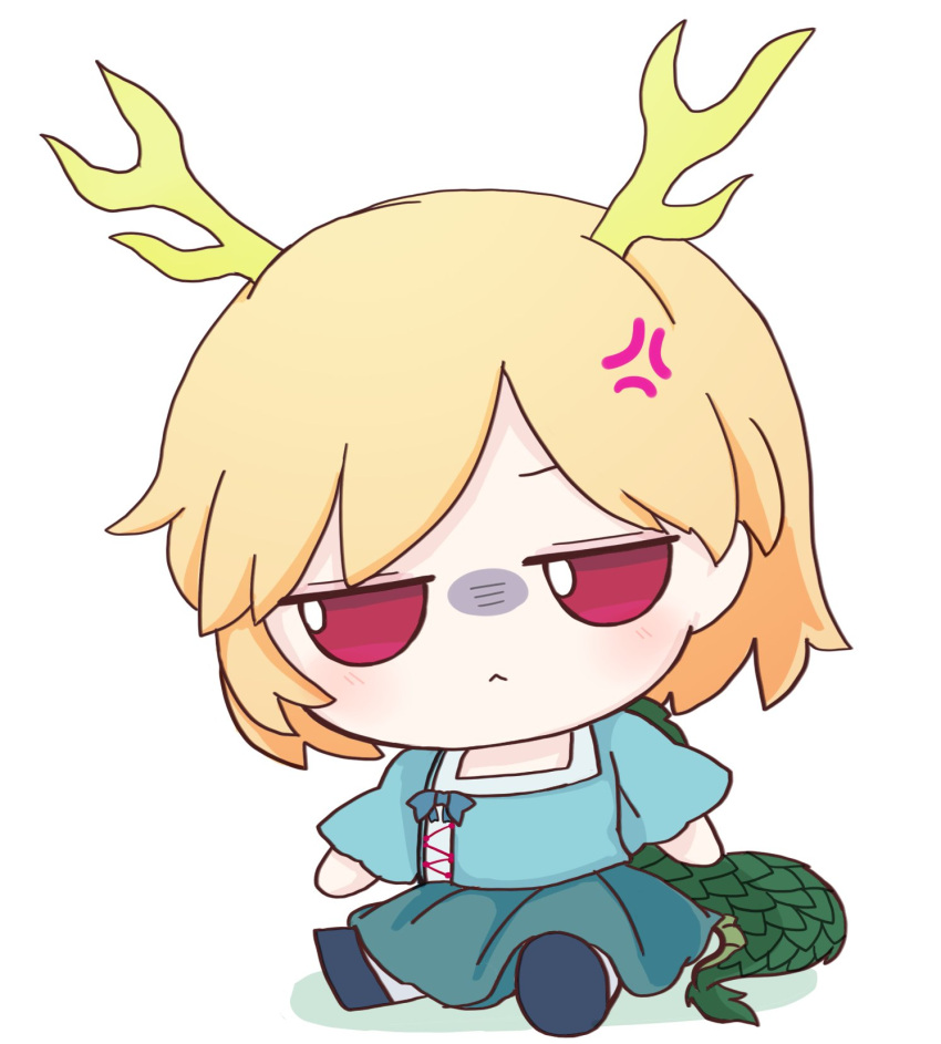 Safebooru - 1girl angry antlers blonde hair blue shirt blue skirt chibi ...