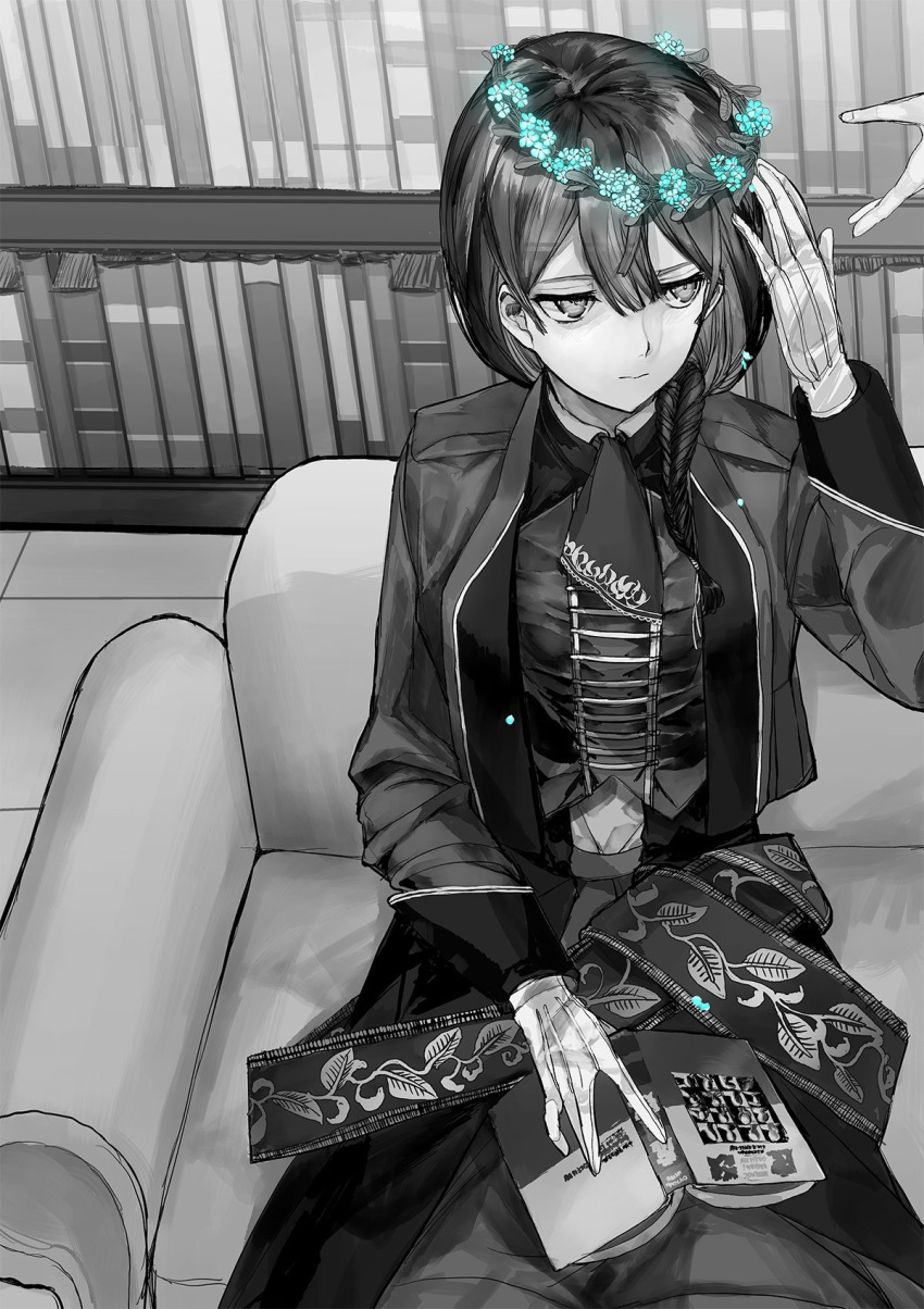 Safebooru - 1girl alter ego (game) bangs book bookshelf braid braided ponytail couch es (alter ...