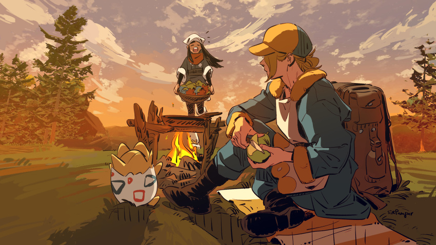 Safebooru - 1boy 1girl akari (pokemon) blonde hair brown bag campfire ...