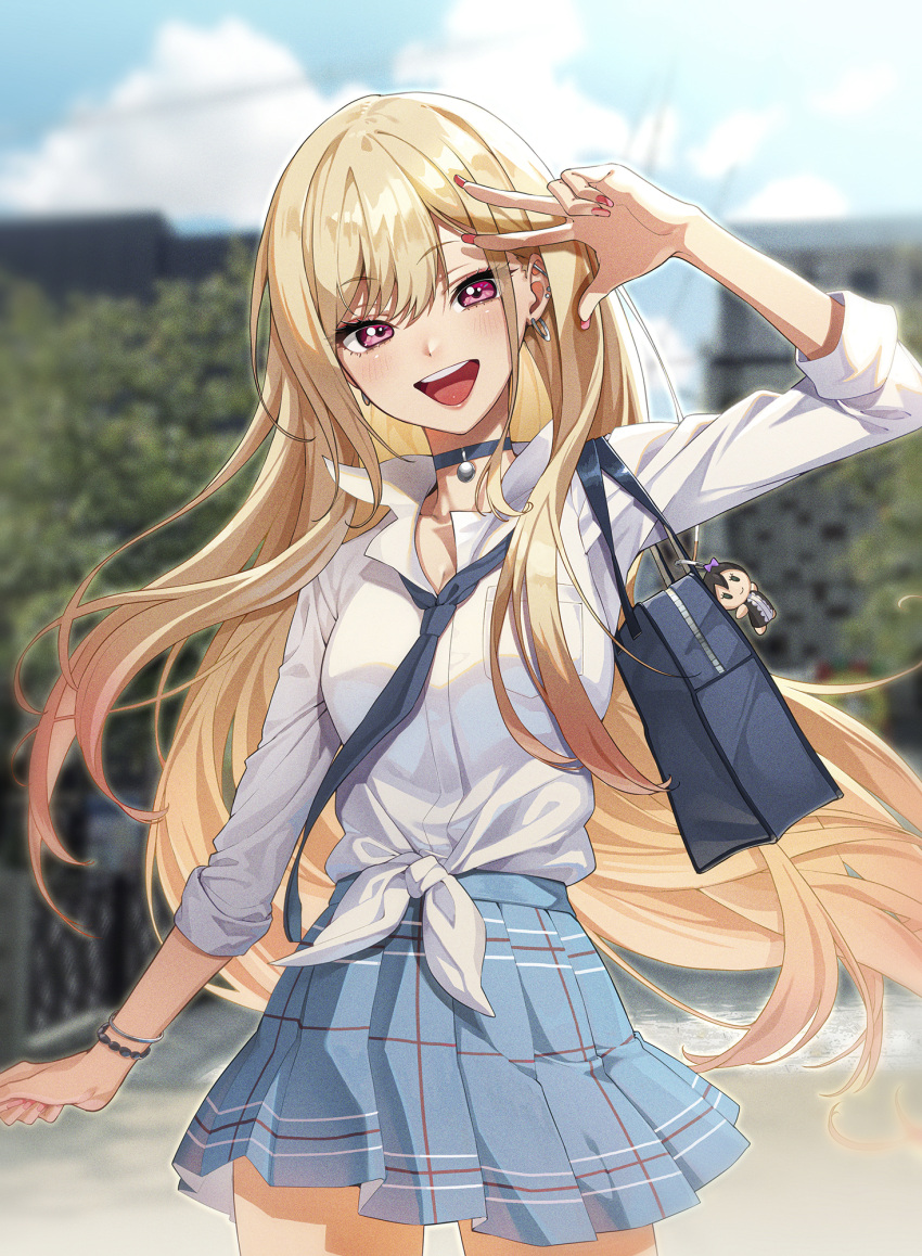 Safebooru - 1girl :d bag bangs blonde hair blue choker blue necktie ...