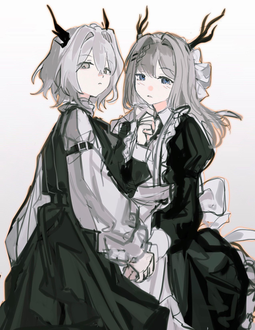 Safebooru - 2girls alina (arknights) apron arknights arm strap black dress blue eyes bow deer ...