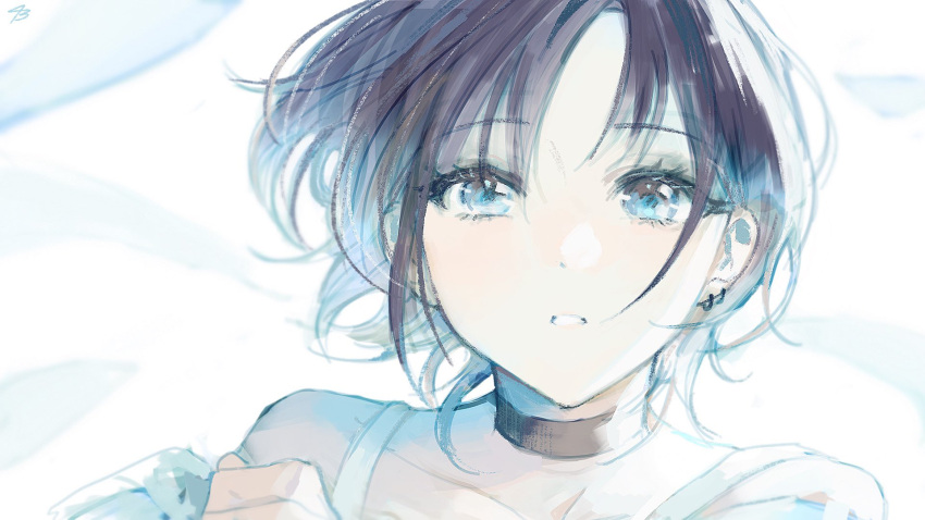 Safebooru - 1girl 43 pon asakura tooru bangs blue eyes blue theme choker earrings gradient ...