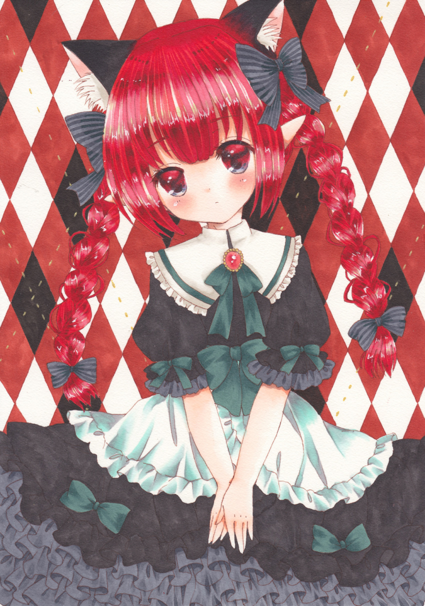 Safebooru - 1girl animal ear fluff animal ears argyle argyle background black bow black dress ...