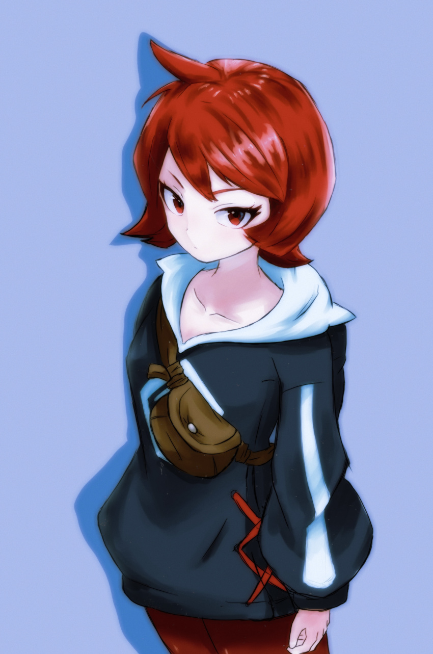 Safebooru - 1girl absurdres arezu (pokemon) arm at side bangs black jacket blue background brown ...