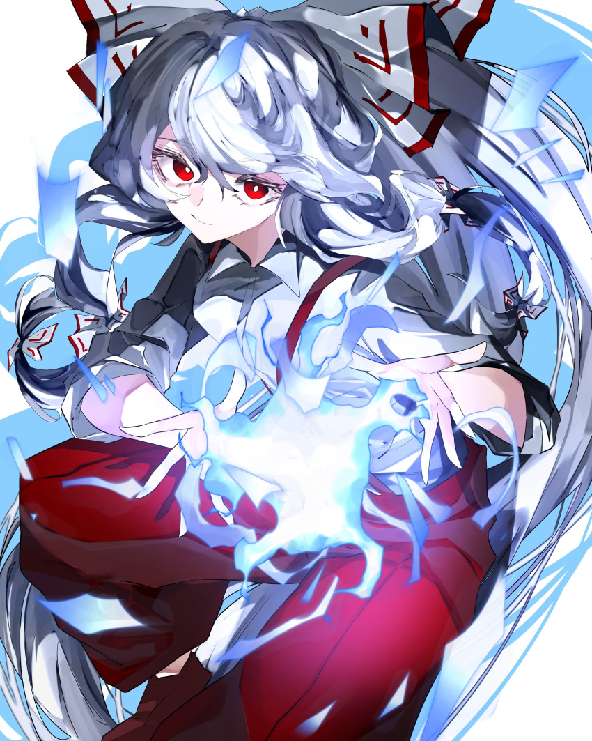 Safebooru - 1girl absurdres blue fire bow collared shirt fire fujiwara ...