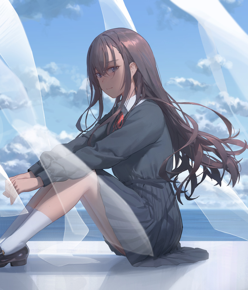 Safebooru - 1girl absurdres bangs brown hair closed mouth clouds cloudy sky collared shirt ...