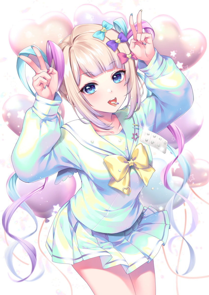 Safebooru - 1girl alpha (yukai na nakamatachi) balloon blue eyes blue hair blue nails bow ...