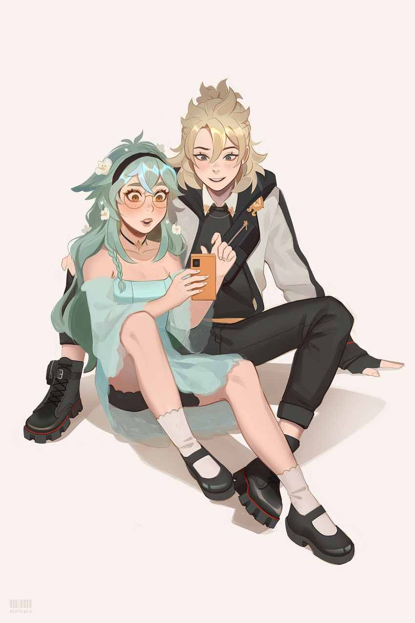 Safebooru - 1boy 1girl albedo (genshin impact) aleikats androgynous animal ears blonde hair blue ...