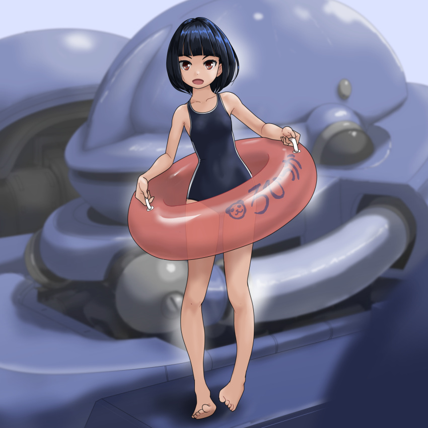 Safebooru - 1girl bare shoulders barefoot black hair black swimsuit blurry blurry background ...
