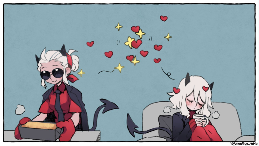 Safebooru - 2girls ahoge armchair baking black horns black necktie black tail blush chair closed ...