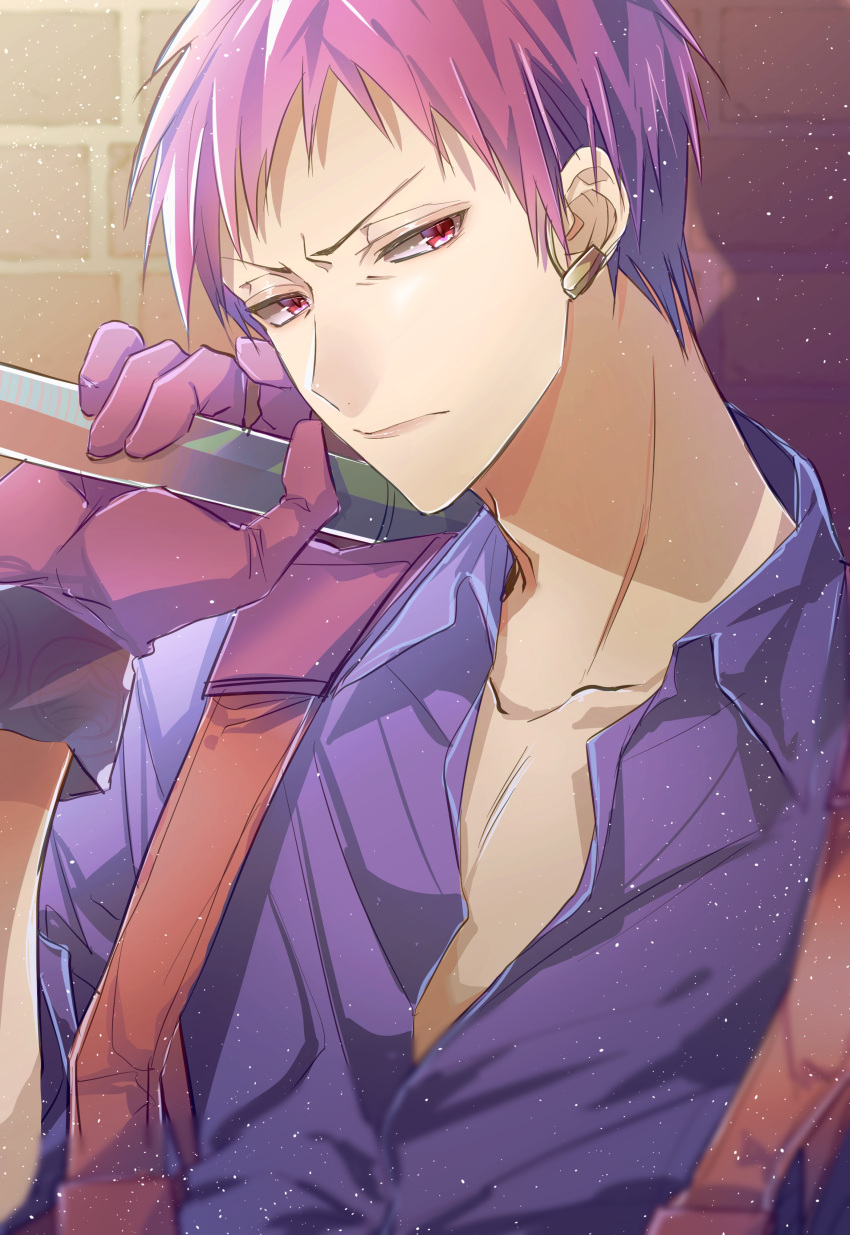 Safebooru - 1boy absurdres brick wall collared shirt ear piercing ...