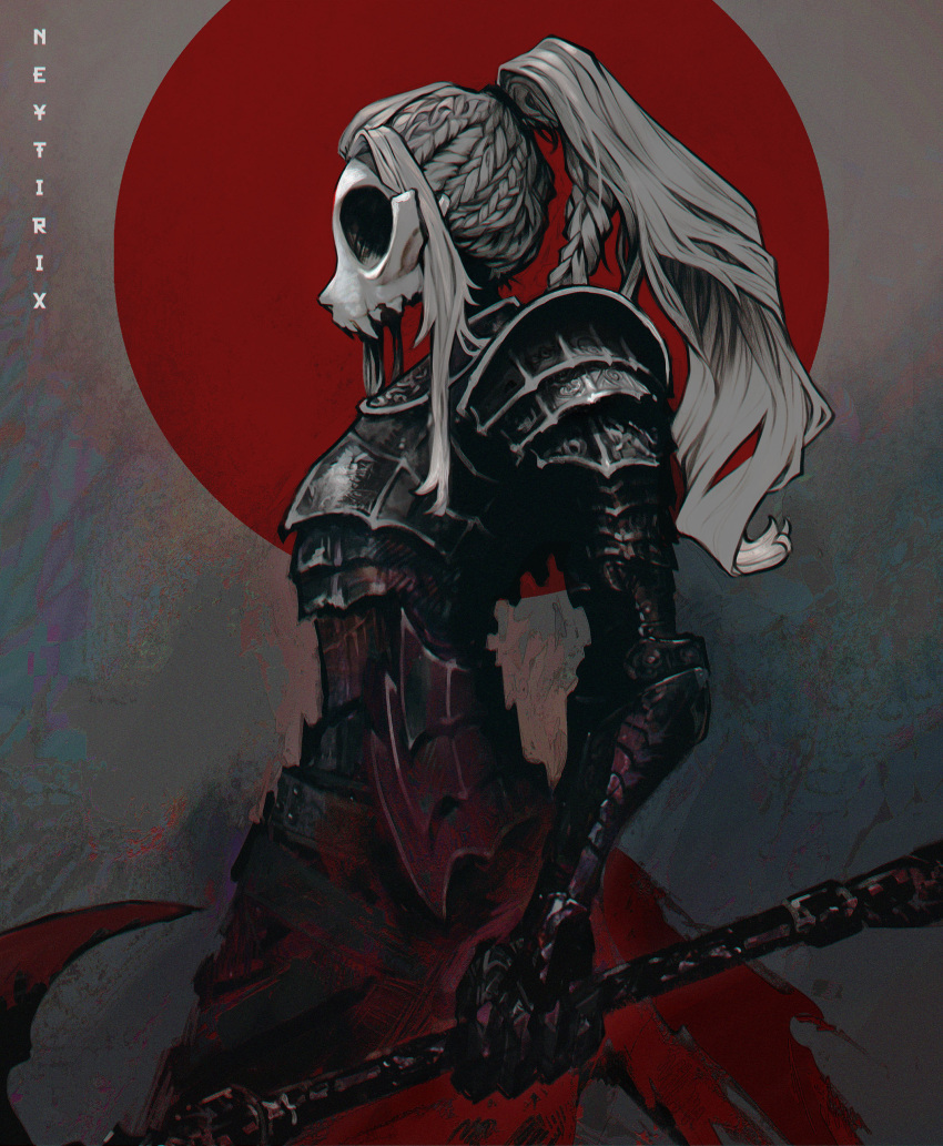 Safebooru - 1girl absurdres armor artist name axe braid cowboy shot ...