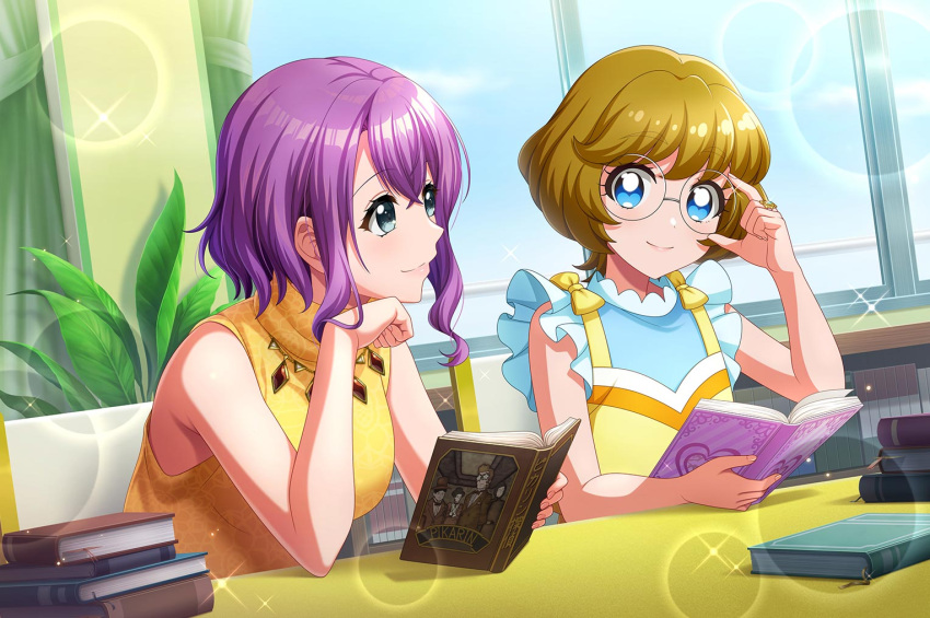 Safebooru - blush d4dj dress green eyes hidaka saori purple hair short hair smile | 3892281