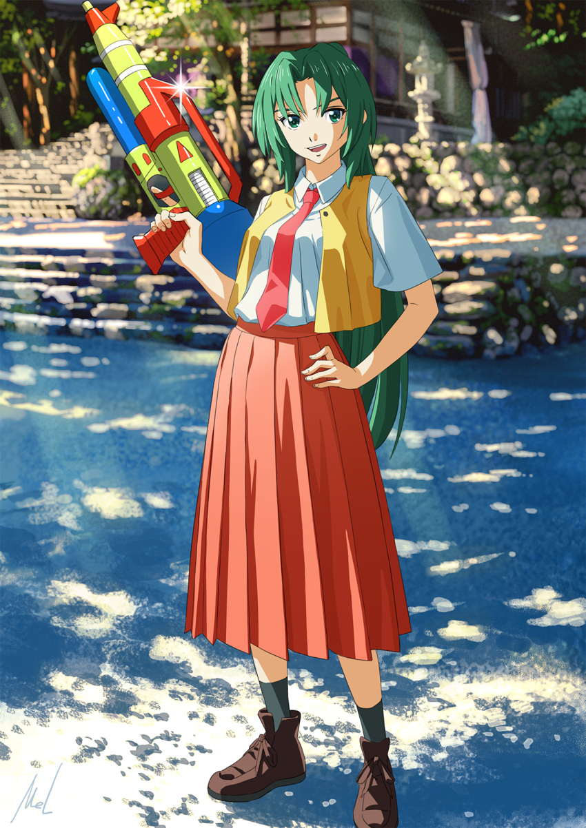 Safebooru - 1girl black legwear building green eyes green hair gun hand ...