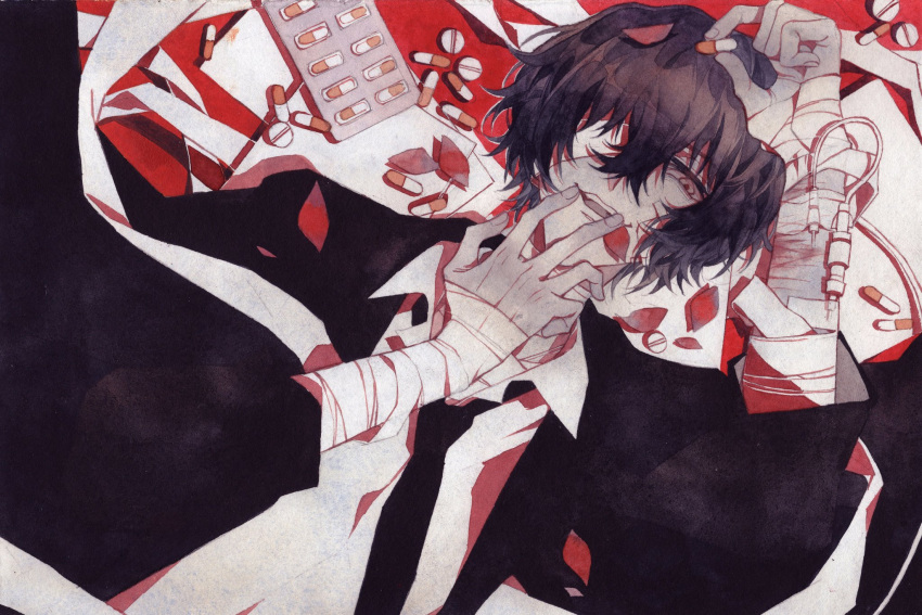 Safebooru - 1boy bandaged arm bandaged hand bandaged head bandages black necktie brown eyes ...