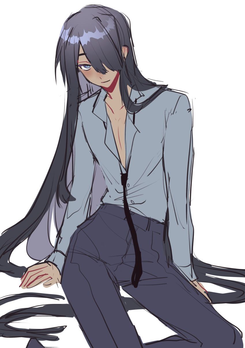 Safebooru - 1boy absurdres black hair blue eyes blush collared shirt ...