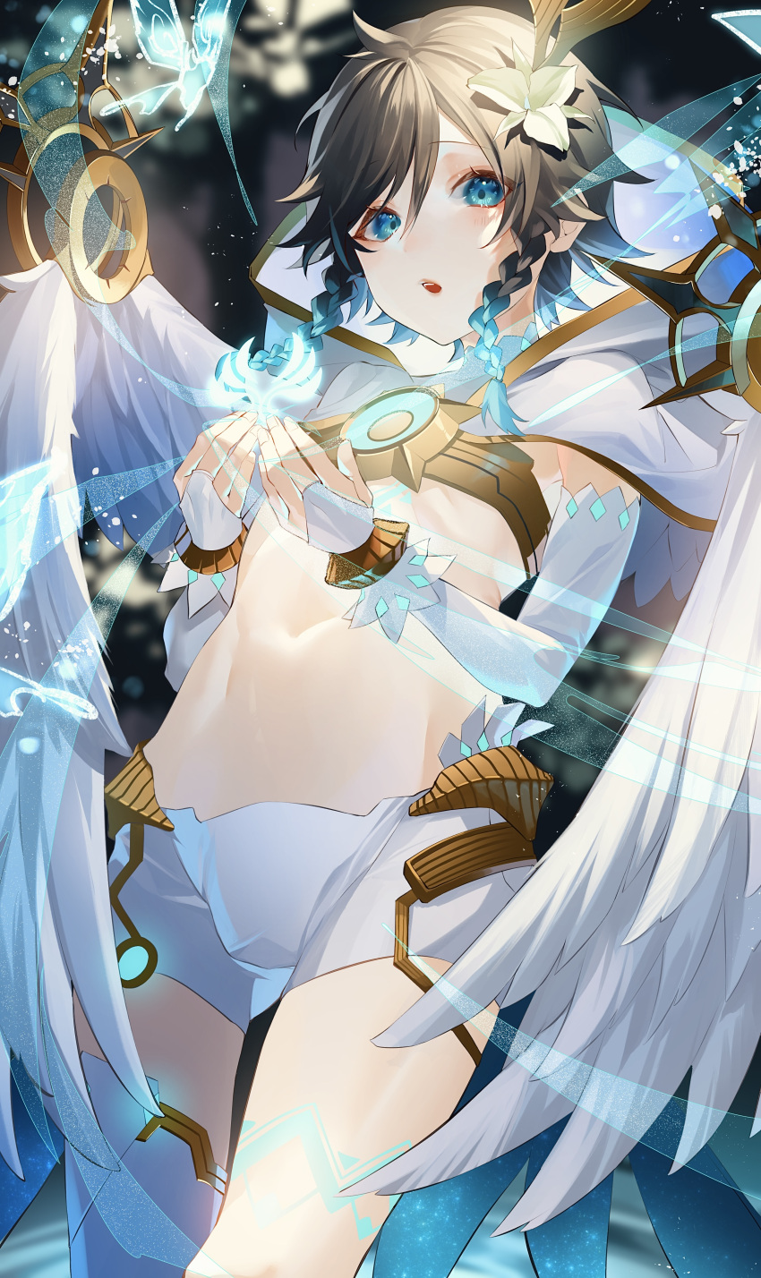 Safebooru - 1boy absurdres adapted costume angel wings blue eyes blue hair braid elbow gloves ...