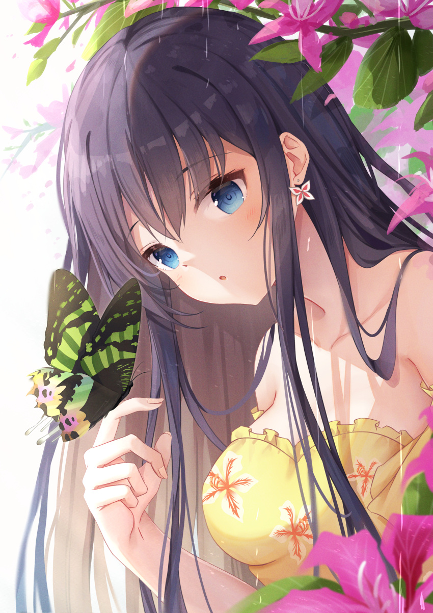 Safebooru - 1girl :o absurdres bangs bare shoulders black hair blue eyes breasts bug butterfly ...