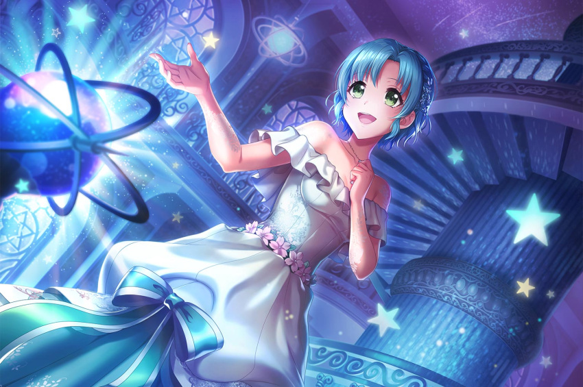 Safebooru - blush d4dj dress green eyes green hair hanamaki towa short hair smile | 3898662