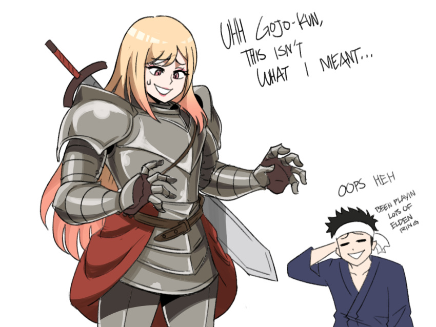Safebooru - 1boy 1girl armor black hair blonde hair blush elden ring english text full armor ...