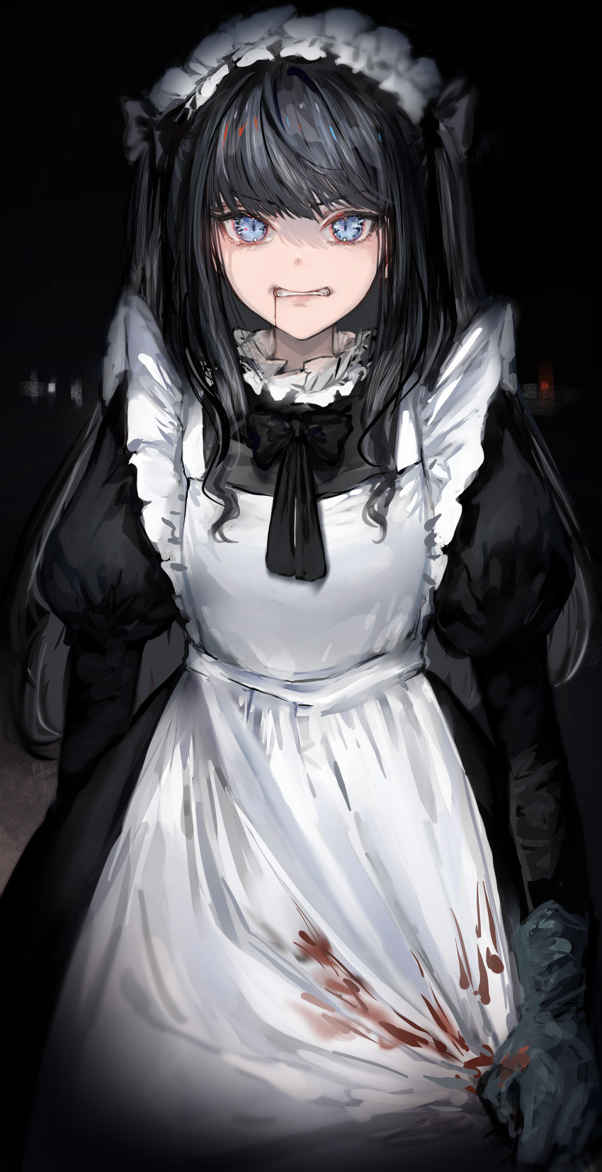 Safebooru - 1girl absurdres apron black gloves black hair black neckwear black sleeves blood ...